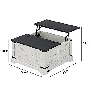 furomate Farmhouse Lift Top Coffee Table, Square Wood Center Table with Large Hidden Storage Compartment for Living Room, Rustic Cocktail Table with Hinged Lift Top for Home, Black Top