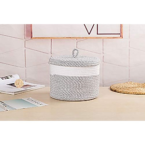 S Size Grey Cotton Rope Basket with Lid Mini Woven Basket Cute Toy Storage Basket Towel Storage Little Organizer Woven Basket Living Room Nursery Storage Basket Small Grey Woven Basket for Storage