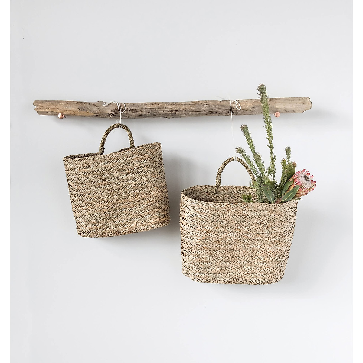 Creative Co-Op Handwoven Seagrass Wall Mount Baskets with Handles, Set of 2 Sizes, Natural