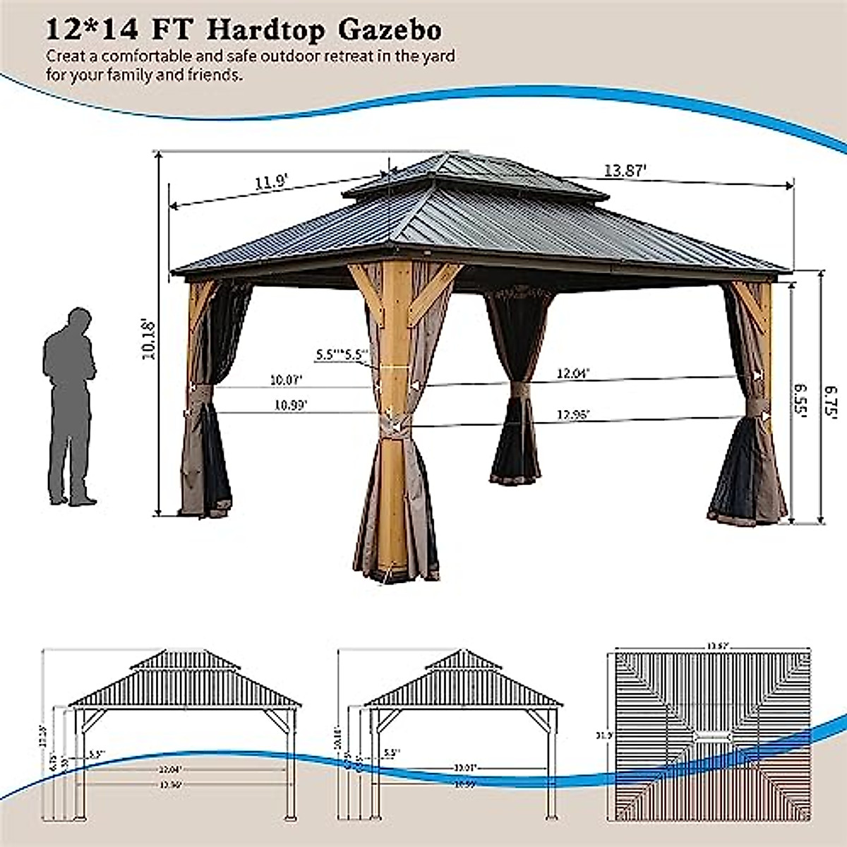 RITSU 12'x14' Gazebo, Hardtop Cedar Wood Frame Outdoor Canopy with Galvanized Steel Double Roof, Outdoor Permanent Metal Pavilion with Curtains and Netting for Patio, Backyard and Lawn, Brown