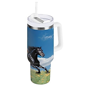 Jihqo Running Field Horses 40 oz Stainless Steel Vacuum Insulated Tumbler with Handle and Straw Lid, Leakproof Water Bottle Double Wall Travel Mug Coffee Cup, Cupholder Friendly