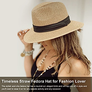 DRESHOW Women Panama Hat Fedora Beach Sun Wide Brim Straw Roll up Hat UPF 50+