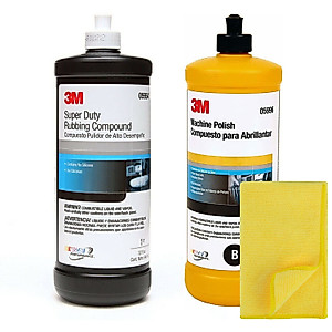 05954 3M Super Duty Rubbing Compound, 05996 3M Machine Polish, 1 Quart Bundled with KANGAROOBANDS Micro Fiber Cloth