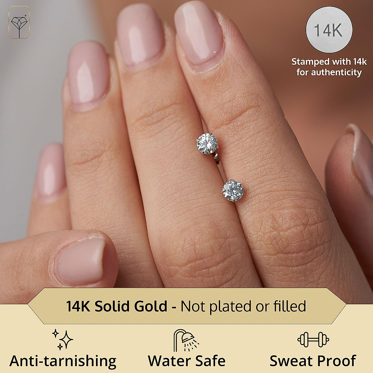 MAX + STONE 14k Solid White Gold Stud Earrings for Women & Men with CZ | Real 14k Gold Cubic Zirconia Earrings Studs with Secure Butterfly Backs | Anti-Tarnishing Cubic Zirconia Studs | Size - 4MM