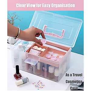 FOREVERIE Clear Plastic Office Supply Art & Craft Storage Box, Sewing Box Organiser Large with a Removable Tray & Adjustable Partition, Portable Travel Makeup Case (Clear & pink)