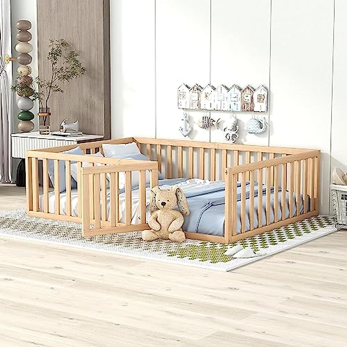 Harper & Bright Designs Full Size Floor Bed with Safety Guardrails and Door, Wood Toddler Floor Bed Frame for Girls/Boys, Full Montessori Floor Bed for Kids,Natural