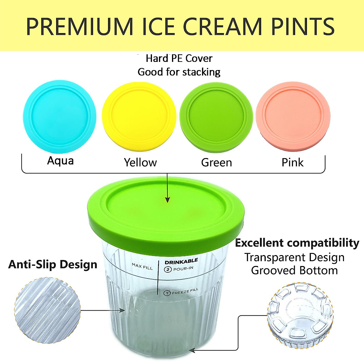 adwrparts Replacement for Ninja Creami Deluxe Pints and Lids 4 Pack, Compatible with Ninja CREAMi Deluxe 11-in-1 Ice Cream Makers NC500 Series, NC500 NC501 etc(4 Contains+4 PE Lids)