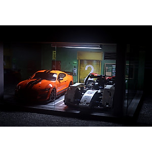 1/18 Scale Model Car Display Case - 1:18 Car Garage Display Case with Clear Acrylic Cover and LED Lighting for Die-Cast Cars, 2 Parkings Green