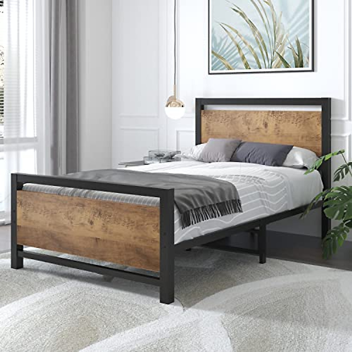 Catrimown Twin Bed Frame Twin Platform Metal Bed Frame with Wooden Headboard and Footboard/Rustic Country Style Mattress Foundation/No Box Spring Needed/Under Bed Storage/Strong Slat Support (Twin)