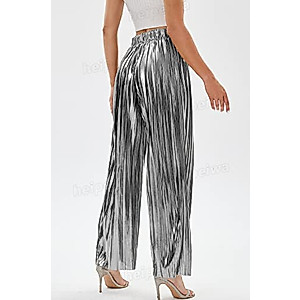 heipeiwa Women's Shiny Pleated Wide Leg Pants Party Nightout High Elastic Waist Trouser Outfit Clubwear Silver