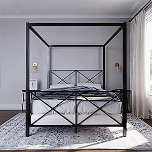 DHP Rosedale Metal Canopy Bed Frame with Four Poster Design and Geometric Accented Headboard and Footboard, Underbed Storage Space, Queen, Black