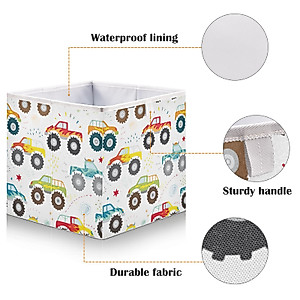 Emelivor Kids Doodle Monster Truck Cube Storage Bin Foldable Storage Cubes Waterproof Toy Basket for Cube Organizer Bins for Kids Girls Boys Toys Book Office Home Shelf Closet - 11.02x11.02x11.02 IN