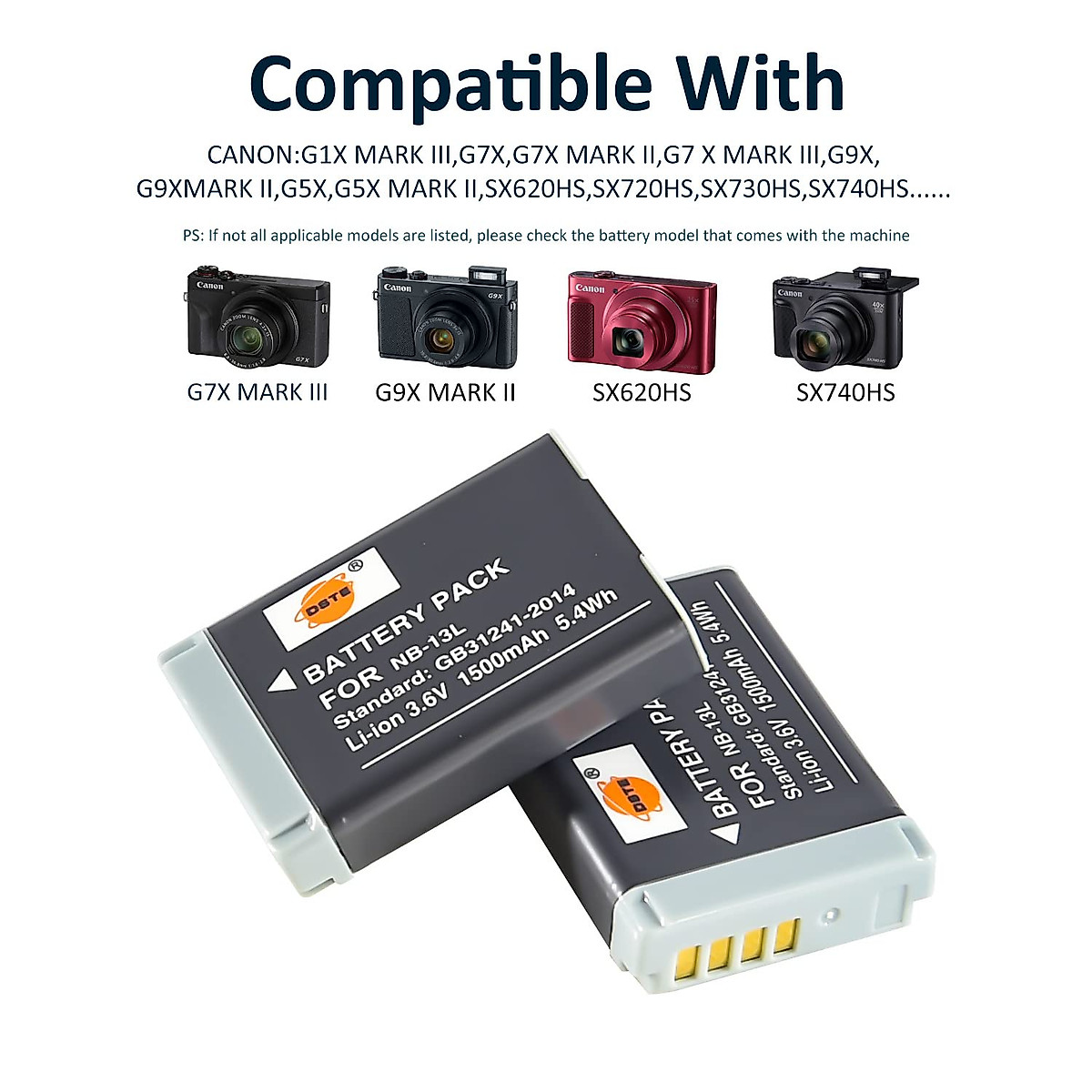 DSTE Replacement for 2X NB-13L + Dual Charger with Micro USB Cable Compatible Canon PowerShot SX740 G5X G7X G9X G7 X Mark II G9X Mark II SX620 HS SX720 HS SX730 HS G1 X Mark III G5 X Mark II as NB13L