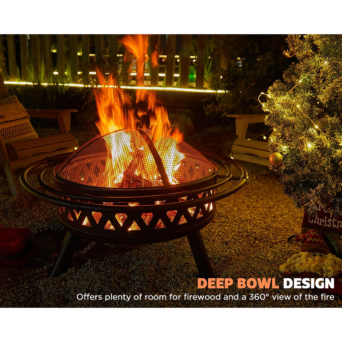 fissfire 35 Inch Fire Pit, Outdoor Wood Burning Fire Pit Crossweave with Spark Screen Fire Poker with 2 Loops, for Backyard Patio Garden Bonfire, Black