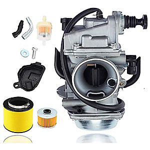JOD TRX350 Carburetor compatible with Honda Rancher 350 TRX350 350ES 350FE 350FMTE 350TM 2000-2006 atv 4 Stroke Carburetor with Black Throttle Base Cover+Air Filter+Oil Filter+Fuel Filter