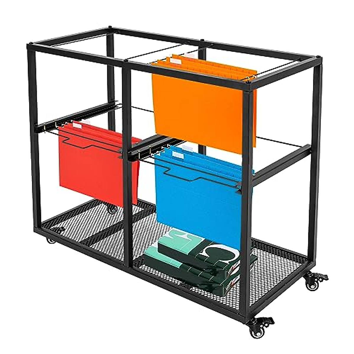 2 Tiers 4 Compartments Rolling File Carts with Wheels, Heavy Duty Rolling Pull-Out File Folder Rack Drawer File Cabinet for Home Office, Hanging Files for Letter Size