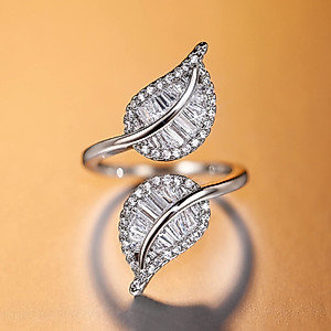 Vsoruln Diamond Leaf Ring for Women Wedding Band Sterling Silver Twisted Olive Branch Leaf Simulated Round Brilliant Adjustable Open Zircon Ring Promise Wedding Band