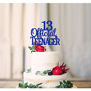 Blue Glitter 13 Official Teenager Cake Topper, Cheers to 13 Years Decor, 13th Birthday Party Decorations