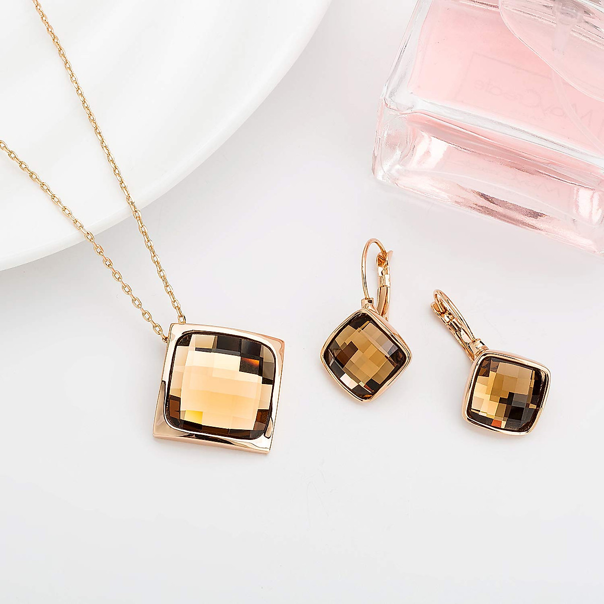 EVEVIC Square Austrian Crystal Necklace Earrings Set for Women 18K Gold Plated Jewelry Set (Brown)
