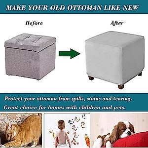 HFCNMY Ottoman Cover Square,Stretch Velvet Square Ottoman Cover Thick Ottoman Slipcover Square Washable Storage Ottoman Cover Foot Stool Cover with Elastic Bottom Light Gray Small