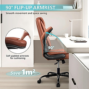 BestEra Office Chair, Executive Leather Chair Home Office Desk Chairs, Ergonomic Computer Desk Chair with Adjustable Flip-Up Arms, Lumber Support Swivel Task Chair with Rocking Function (Brown)