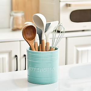 Kitchen Utensil Holder for Countertop 5.9 inch Porcelain Utensil Crock for Kitchen Deep and Large, Turquoise