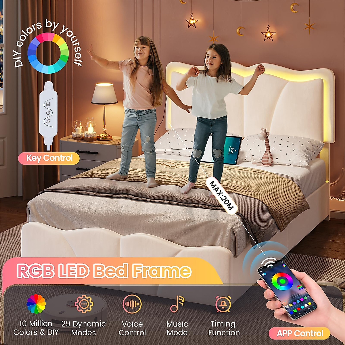 FORABAMB Twin Bed Frame with 4 Drawers, Upholstered LED Bed Frame with Adjustable Flowers Headboard, Platform Bed Frame Twin Size with Wooden Slats Support, No Box Spring Needed, Beige