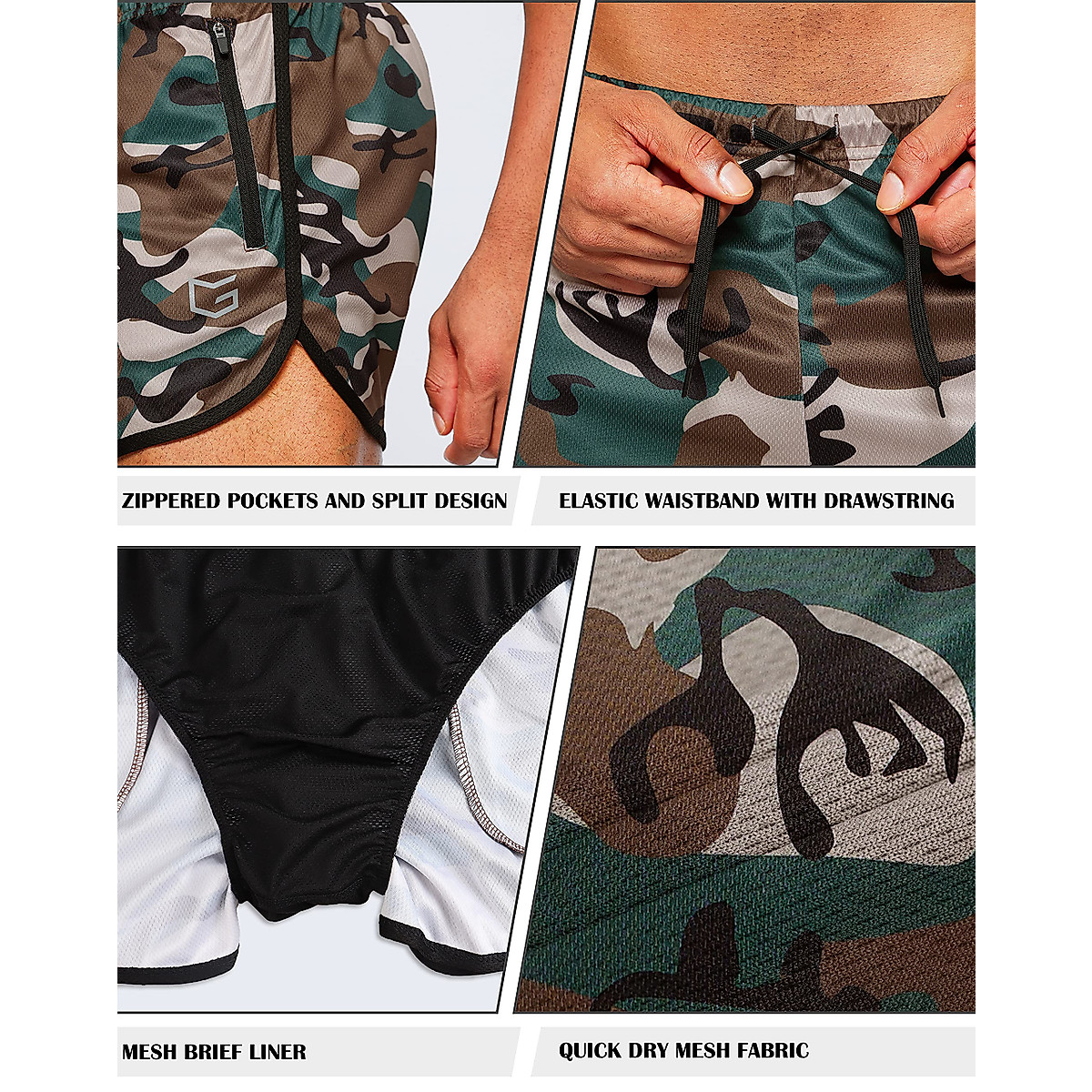 G Gradual Men's Running Shorts 3 Inch Quick Dry Gym Athletic Jogging Shorts with Zipper Pockets (Green Camo, Medium)