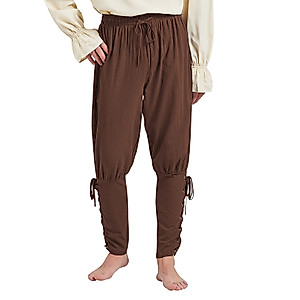 Men's Ankle Banded Cuff Renaissance Pants Medieval Viking Navigator Trousers Pirate Pants Steampunk Lace Up Cosplay Pants with Drawstrings 02 Brown XX-Large