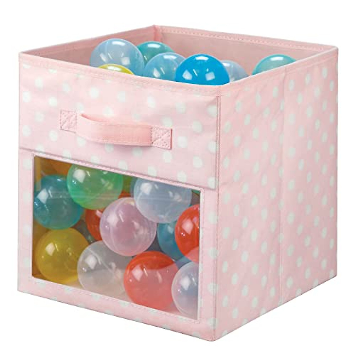 mDesign Fabric Nursery/Playroom Closet Storage Organizer Bin Box, Front Handle/Window for Cube Furniture Shelving Unit, Hold Toys, Clothes, Diapers, Bibs, 4 Pack, Pink/White Polka Dot