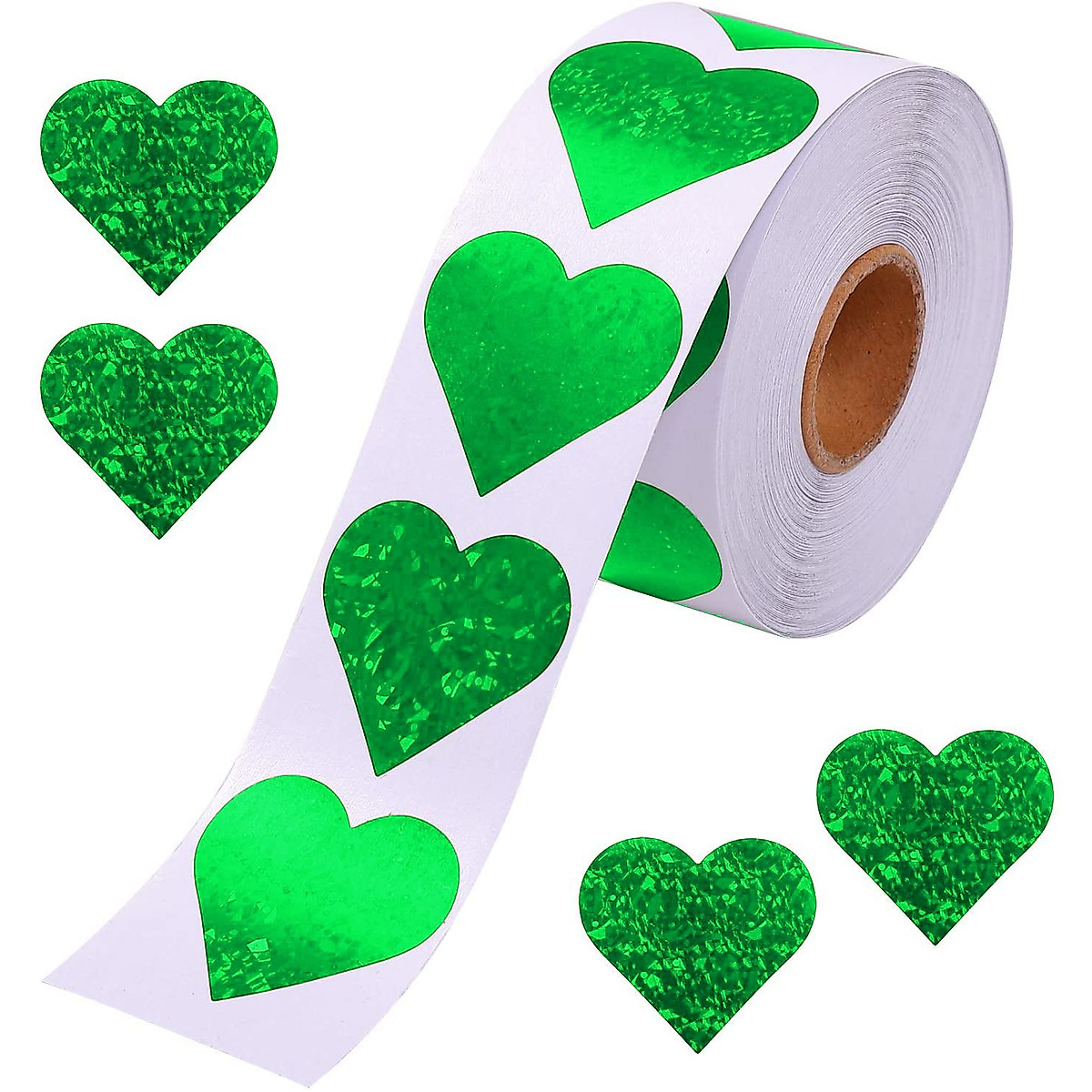1.5" Glitter Green Heart Stickers, Large Heart Labels Valentines Decor 500 per Roll, St. Patricks Day Decorations for Kids Envelopes