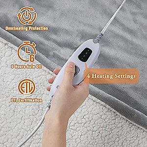 Shilucheng Heated Twin Blanket, Electric Blanket 62" x 84", Warm Fleece & Sherpa Blanket Reversible, Fast Heating with 4 Temperature Levels & 6hrs Auto Off, Machine Washable (Grey)