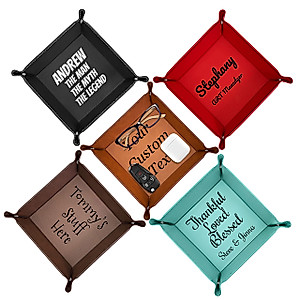 Customized Leather Valet Tray with Snaps Jewelry Key Coin Watch Glasses Tray with Custom Name Text - Wedding Holiday Birthday Corporate Gift (Brown)