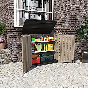 KINYING Outdoor Storage Shed - Horizontal Storage Box Waterproof for Garden, Patios, Backyards, Multi-Opening Door for Easy Storage of Garbage Cans, Tools, Lawn Mower, 26 Cubic Feet,Brown