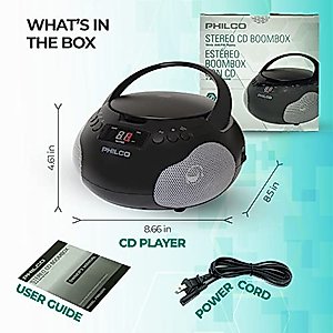 Philco Portable CD Player Boombox with Speakers and AM FM Radio | Black Boom Box CD Player Compatible with CD-R/CD-RW and Audio CD | 3.5mm Aux Input | Stereo Sound | LED Display | AC/Battery Powered