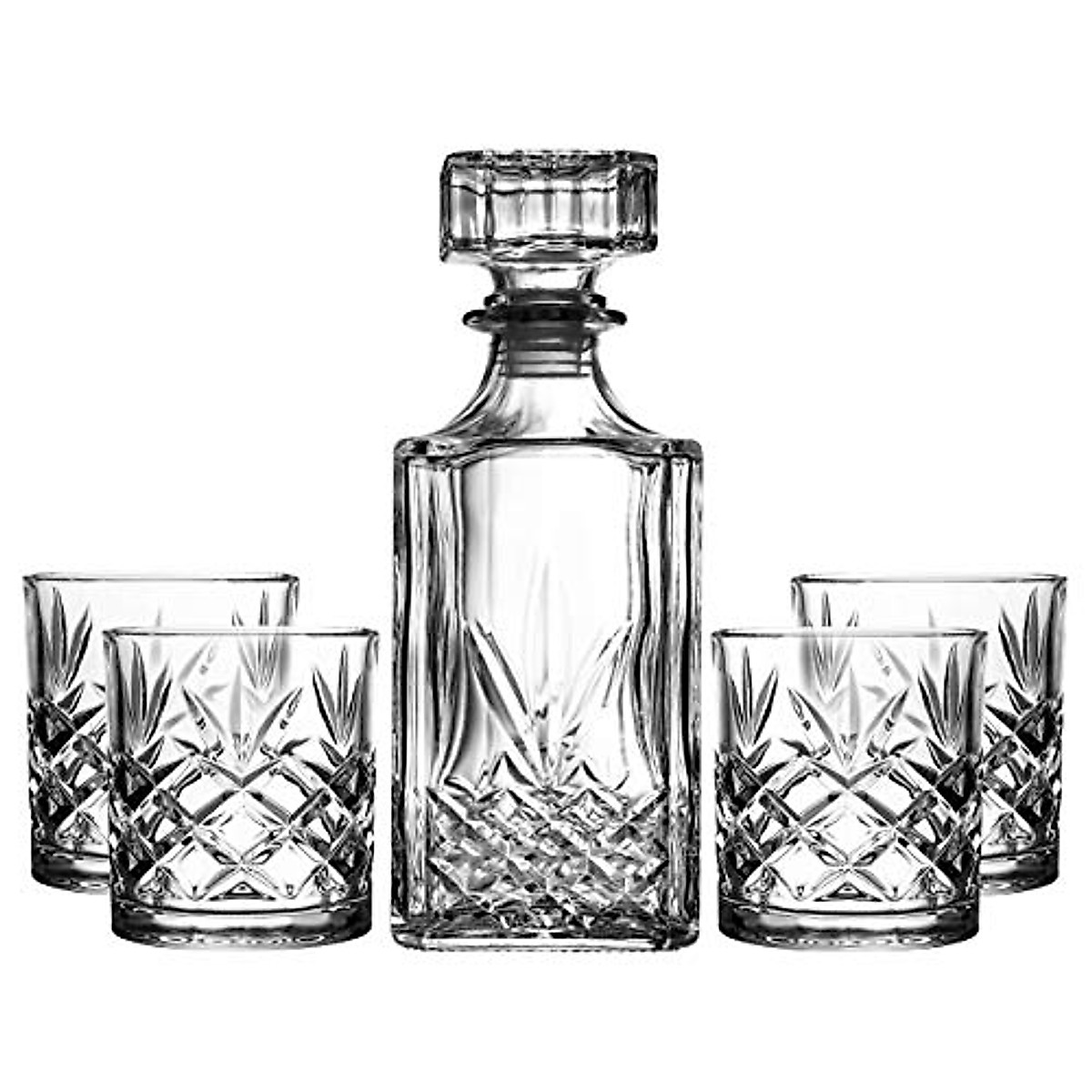 Royalty Art Kinsley Whiskey Glasses Set with Decanter for Scotch, Bourbon, Cognac, and Liquor, Classic 5-Pc. Glass Bundle for Serving Alcohol, Pull Top Drink Stopper