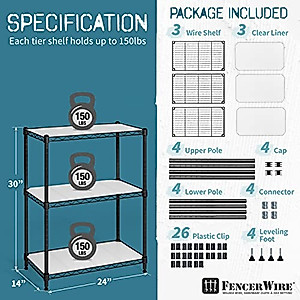 Fencer Wire NSF Adjustable Height Wire Shelving Unit w/Liner, Basement Storage Shelving, Metal Steel Storage Shelves, Kitchen, Garage Shelving Storage Organizer, Utility Shelf, 3-Tier W/Liners