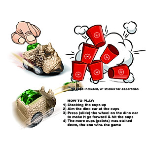 3 in 1 Mini Dino Car Game, Dominoes, Bowling Balls, Stacking Cups & Dinosaur Vehicles Targeting Board Games, Desktop Toys Play Set for Family & Party