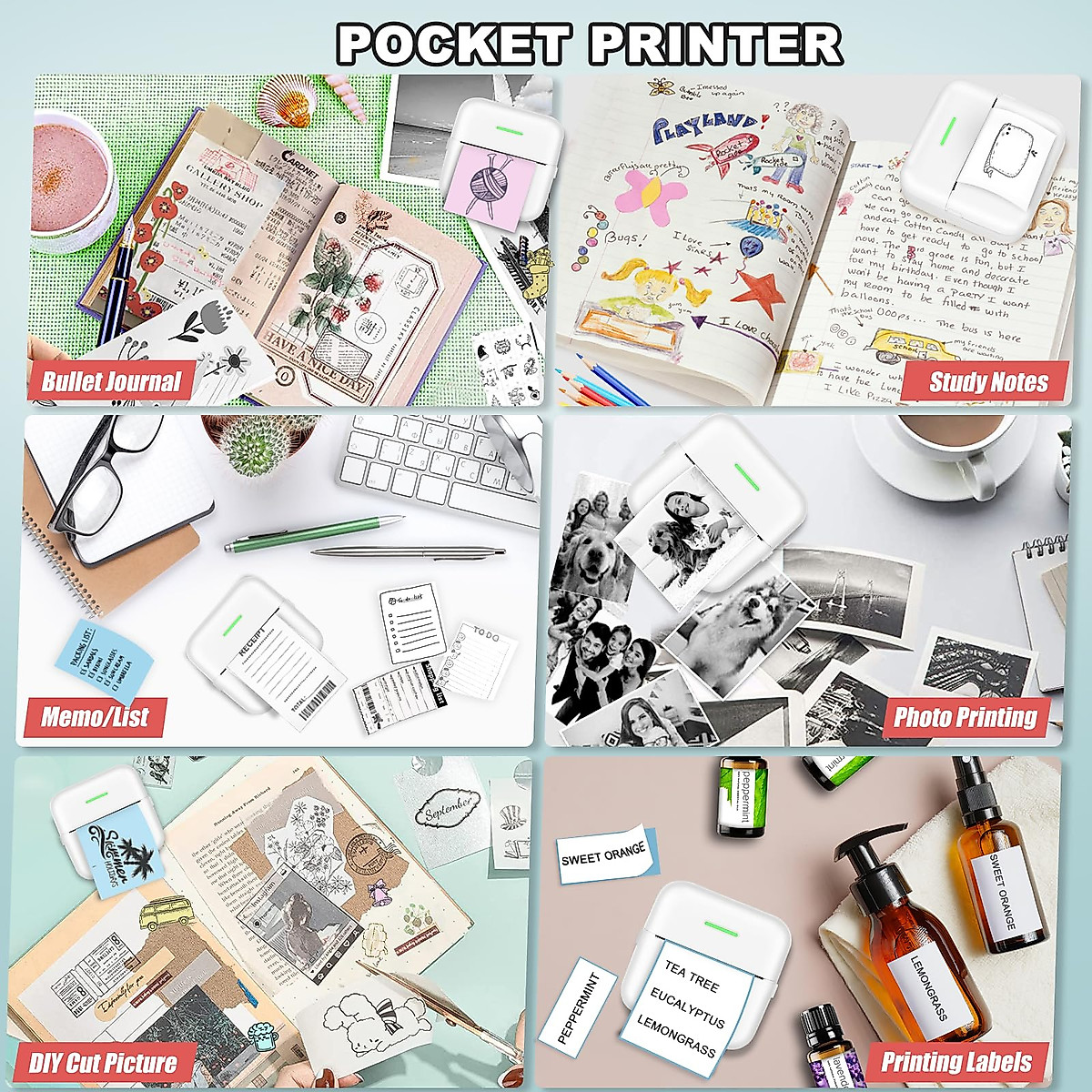 Inkless Sticker Printer, Mini Pocket Printer with 5 Rolls Printing Paper for Android or iOS APP, Portable Bluetooth Inkless Printer Gift for Kids, Thermal Printer for Photo Journal Notes Memo