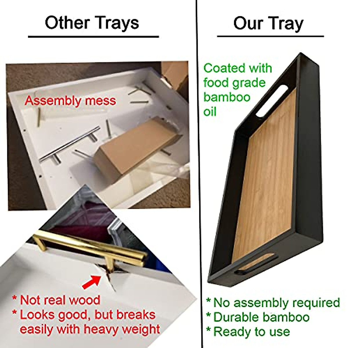 Bamboo Serving Tray with Handles (16" x 11" x 2") – Wood Serving Tray - Coffee Table Tray - Ottoman Tray - Decorative Display Tray In Black & Natural