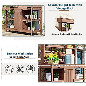 Polibi Potting Bench Table with 4 Open Shelves and 2 Drawers, 66" Large Farmhouse Wooden Outdoor Patio Workstation, Garden Potting Bench with Cabinet for Backyard, Mudroom (Brown)