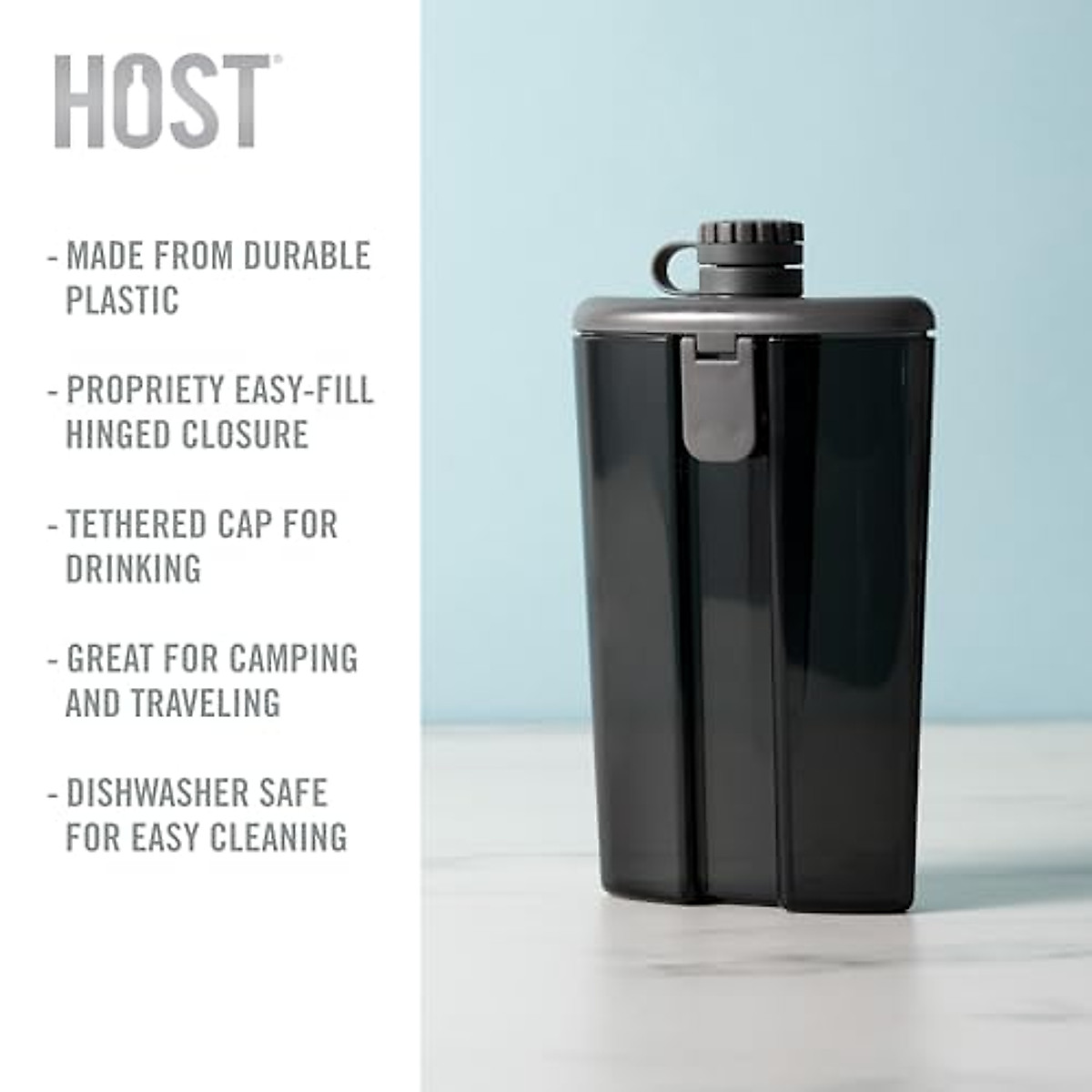 Host Easy-Fill Hip Liquor Flask for Alcohol with Hinged Refill Lid and Hinged Lid, Dishwasher Safe BPA-Free Plastic, Grey, 6 Oz, Set of 1