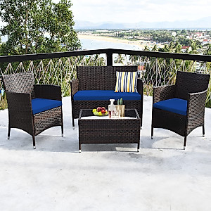 Toolsempire 4 Pieces Patio Sofa Set, Wicker Conversation Set with Ergonomic Curved Backrest, Rattan Furniture Set with Water-Resistant Cushion & Tempered Glass Table for Balcony, Porch (Navy Blue)