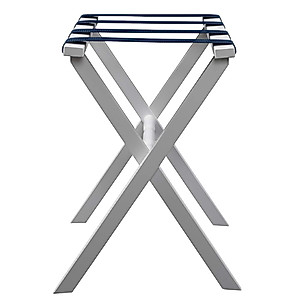 Gate House Furniture White Wood Folding Luggage Rack with Straight Legs and 4 Navy Straps