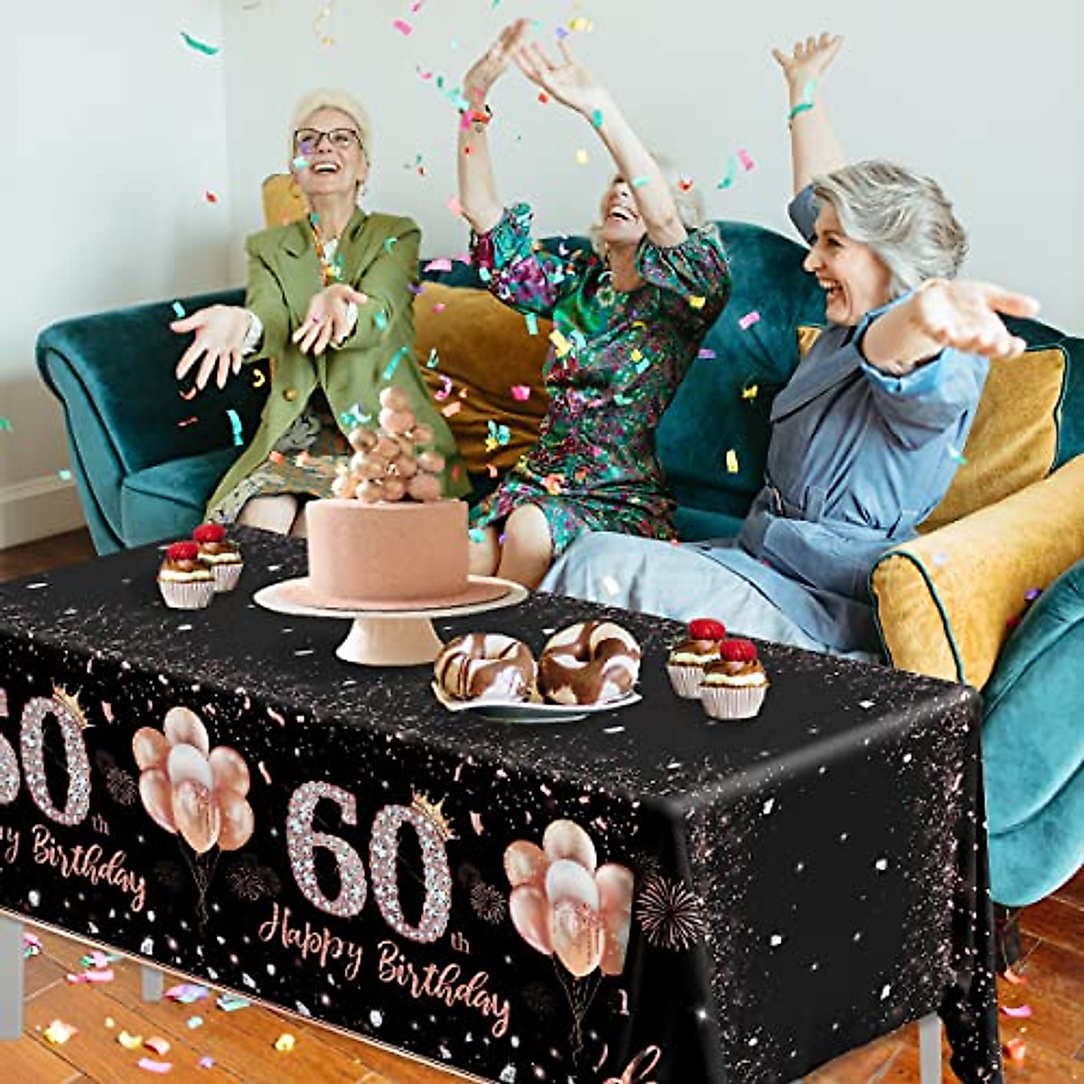 GREHUMOR 3Pcs 60th Birthday Tablecloth Decorations for Women-Rose Gold Pink Table Cloth Happy 60 Birthday Theme Party Supplies Table Cover Plastic Disposable Rectangular Party Decorations