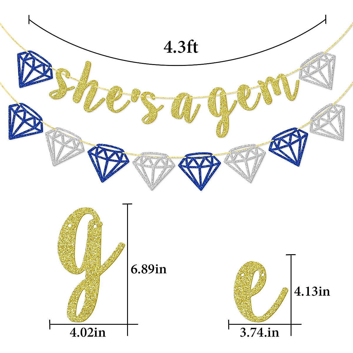 She's a Gem Banner - Diamond Themed Bridal Shower, Bachelorette Party Decorations, 4.3ft Wide, Handmade, Pre-Strung - Gemstone Party Decor in Gold, Silver, and Blue