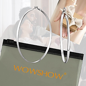 wowshow Large Silver Hoop Earrings for Women, Big Hoop Earrings White Gold Plated Flat Silver Hoops for Women Lightweight