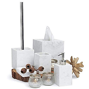 Kurrajong Farmhouse 5 Piece Bathroom Accessories Set | Faux Marble Bathroom Accessory Set | Faux Marble White Bathroom Set | Tissue Box, Toilet Brush, Soap Dish, Soap Dispenser, Toothbrush Holder