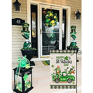 EKOREST Happy St Patrick's Day Garden Flag 12x18 Inch Vertical Double Sided Buffalo Plaid St. Patricks Truck with Leprechaun Shamrock Small Yard Flag for Outdoor Farmhouse Holiday Decoration
