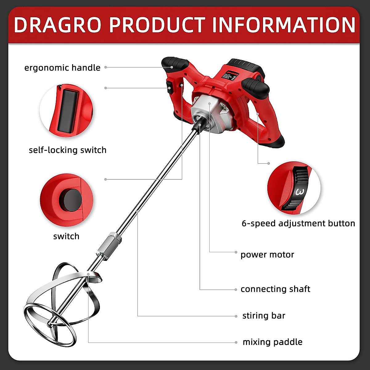 Dragro Electric Cement Mixer, 2100W Handheld Concrete Mixer with 6 Speed，Portable Mortar Mixer for Mixing Mud, Mortar, Plaster,Cement, Paint, Fodder，2 Pieces Mixing Heads